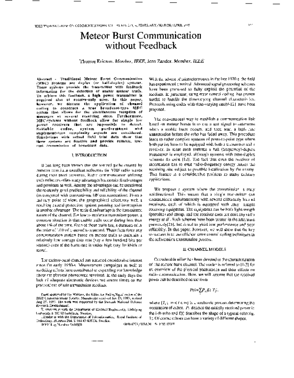 (PDF) Meteor Burst Communication without Feedback