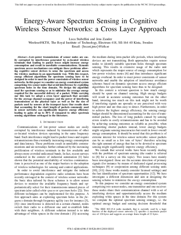 Pdf Energy Aware Spectrum Sensing In Cognitive Wireless Sensor Networks A Cross Layer Approach