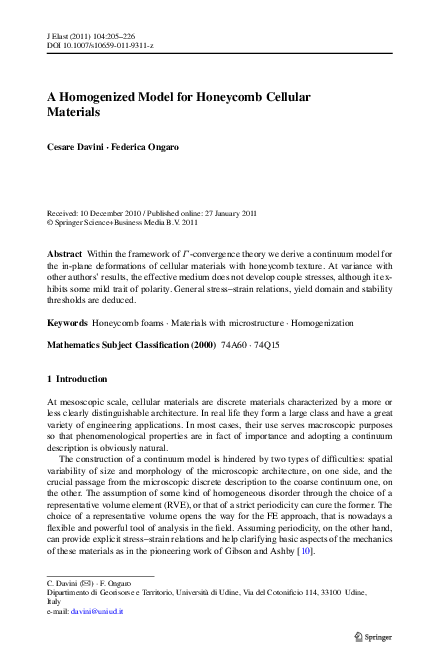 (PDF) A Homogenized Model for Honeycomb Cellular Materials