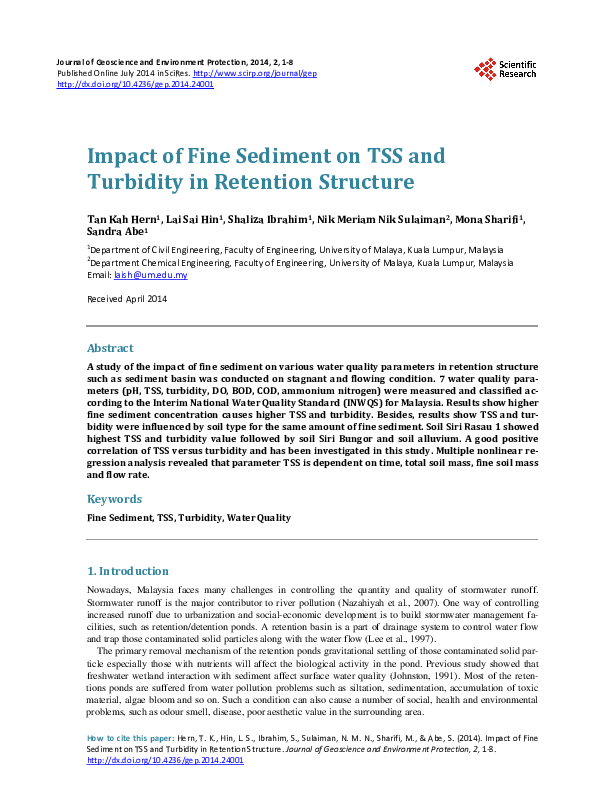 (PDF) Impact of Fine Sediment on TSS and Turbidity in Retention Structure