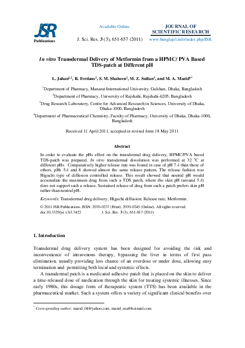 (PDF) In vitro Transdermal Delivery of Metformin from a HPMC/ PVA Based ...