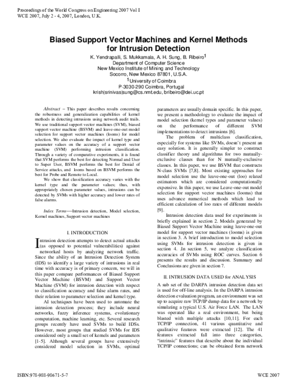 (PDF) Biased Support Vector Machines and Kernel Methods for Intrusion Detection