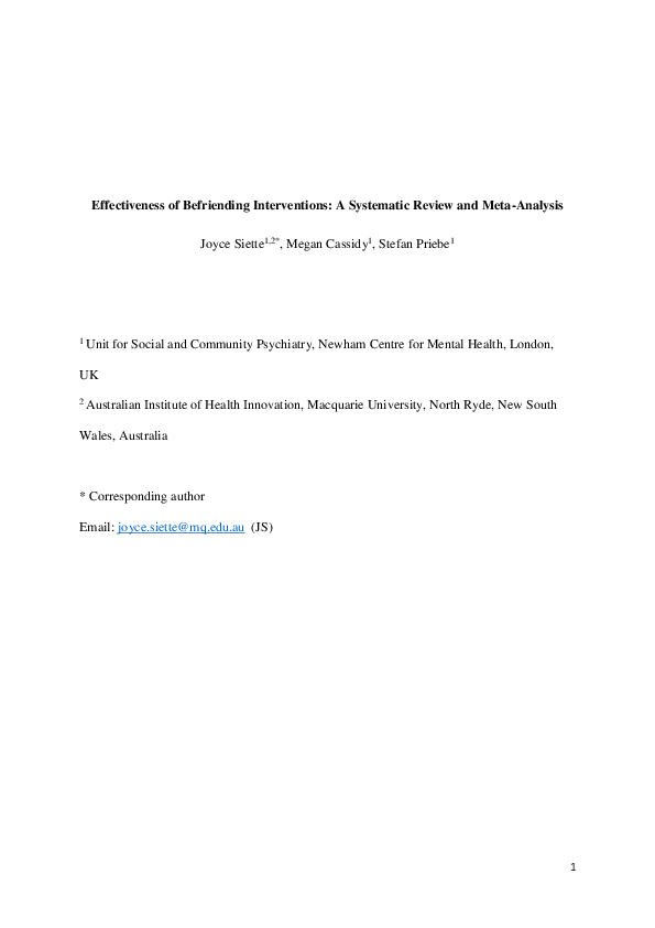 Effectiveness of befriending interventions: a systematic review and meta-analysis