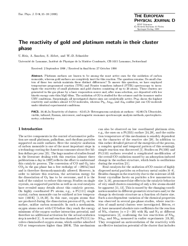 (PDF) The reactivity of gold and platinum metals in their cluster phase