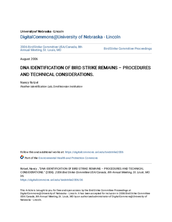 (PDF) Dna Identification of Bird Strike Remains – Procedures and ...