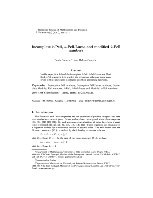 Pdf Incomplete K Pell K Pell Lucas And Modified K Pell Numbers
