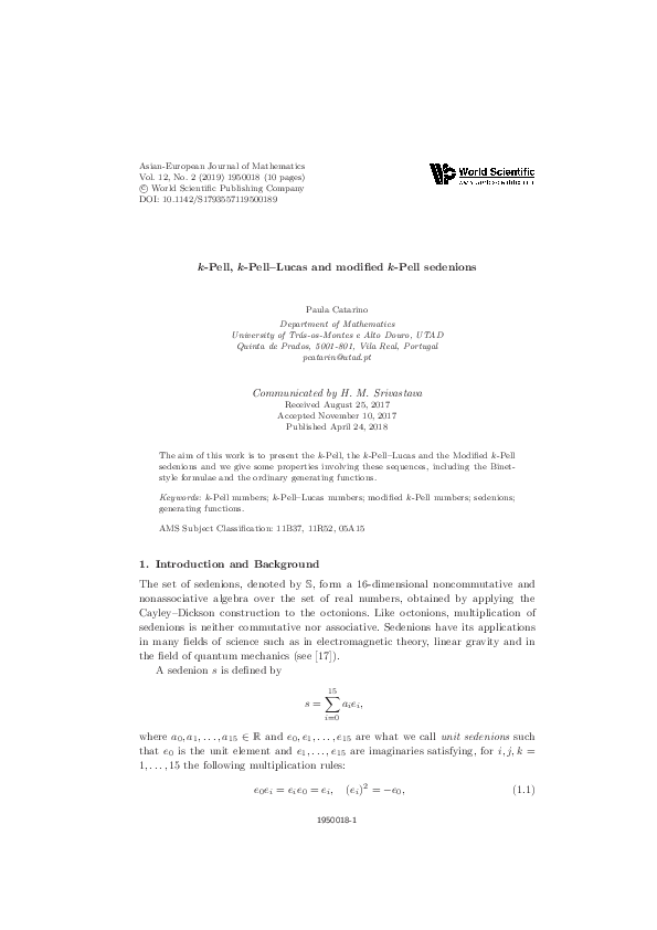 (PDF) k-Pell, k-Pell–Lucas and modified k-Pell sedenions