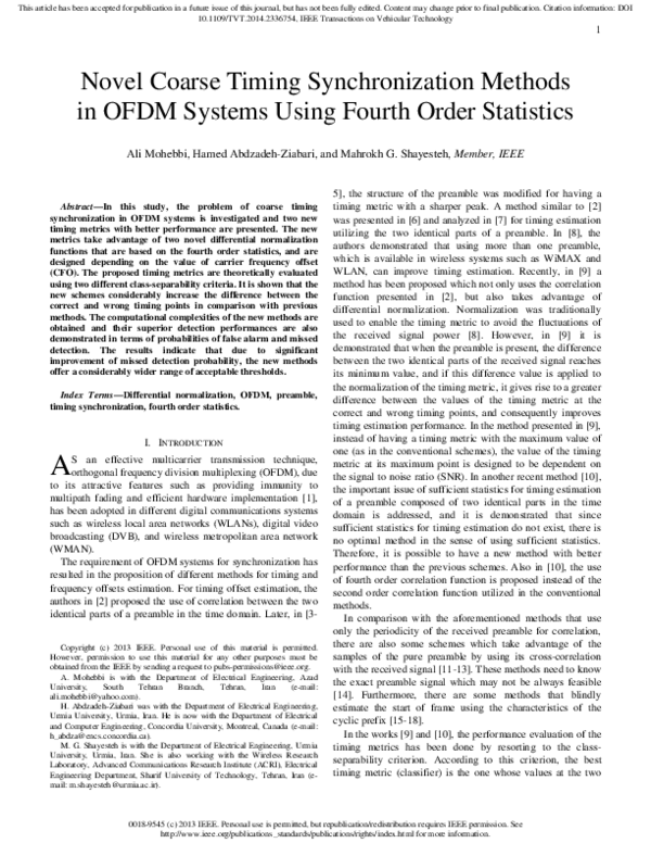 (PDF) Novel Coarse Timing Synchronization Methods in OFDM Systems Using Fourth Order Statistics ...