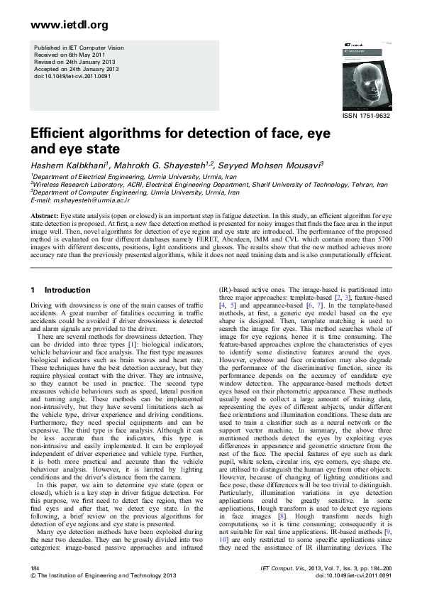 (PDF) Efficient algorithms for detection of face, eye and eye state