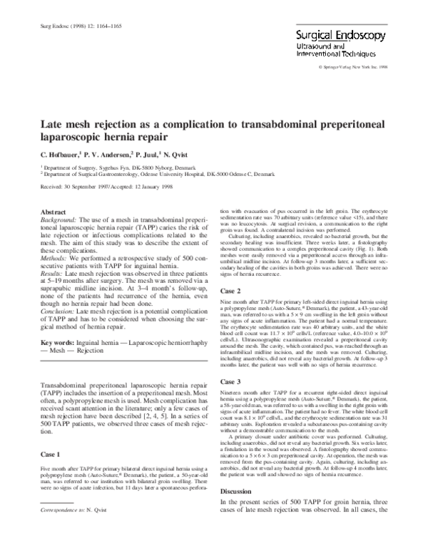 (PDF) Late mesh rejection as a complication to transabdominal preperitoneal laparoscopic hernia ...
