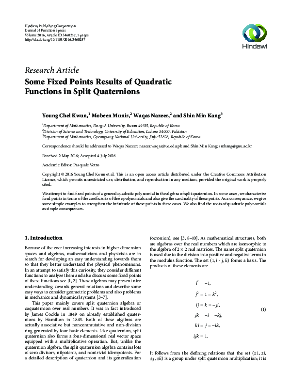 Pdf Some Fixed Points Results Of Quadratic Functions In Split Quaternions