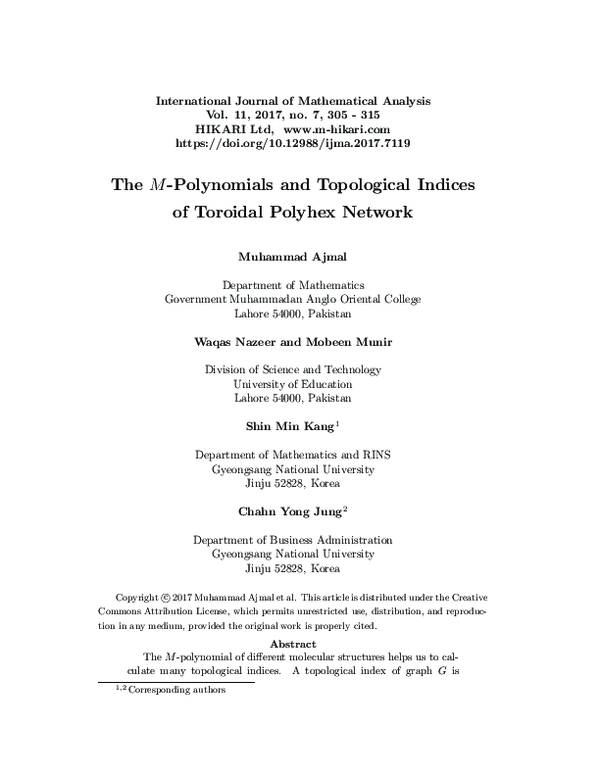 (PDF) The M-polynomials and topological indices of toroidal polyhex network