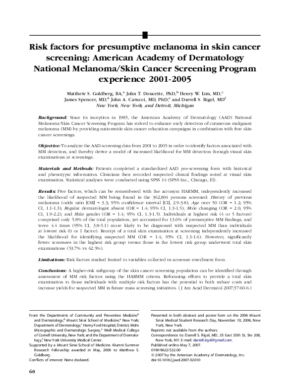 (PDF) Risk factors for presumptive melanoma in skin cancer screening ...