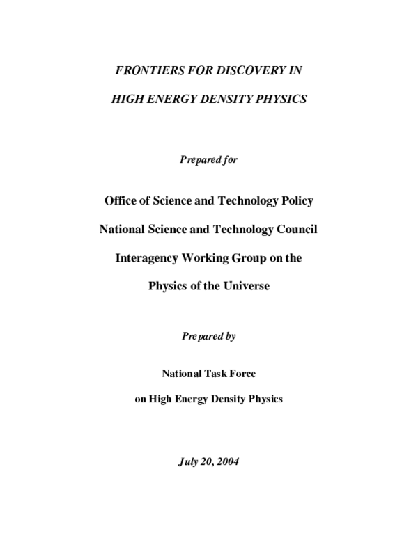 (PDF) Frontiers for Discovery in High Energy Density Physics | Isaac ...