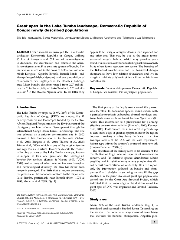 (PDF) Great apes in the Lake Tumba landscape, Democratic Republic of ...
