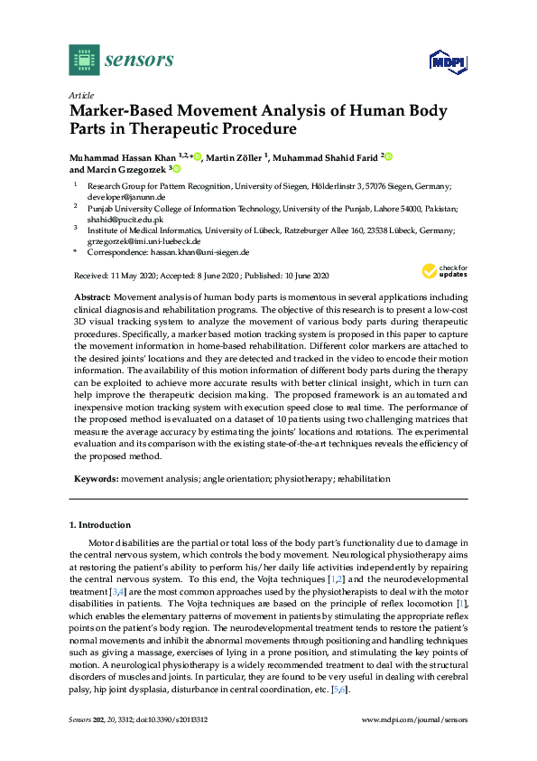 (PDF) Marker-Based Movement Analysis of Human Body Parts in Therapeutic ...