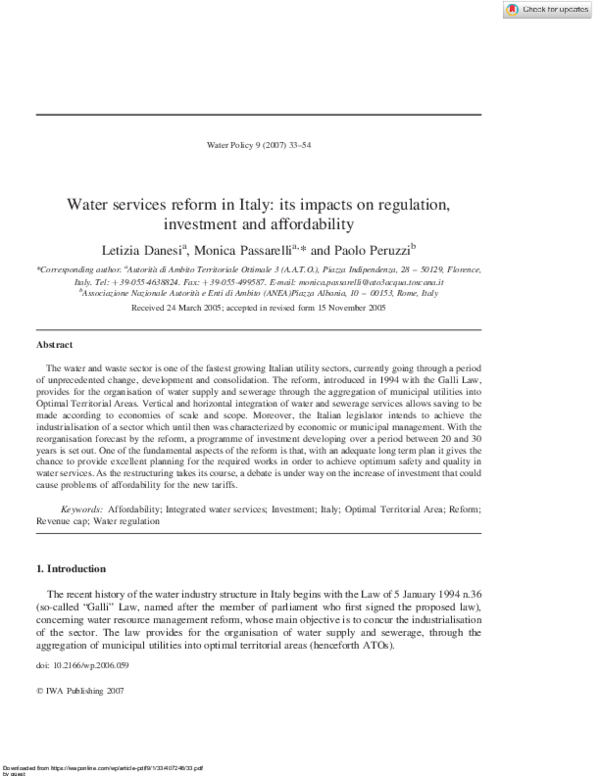 (PDF) Water services reform in Italy: its impacts on regulation ...