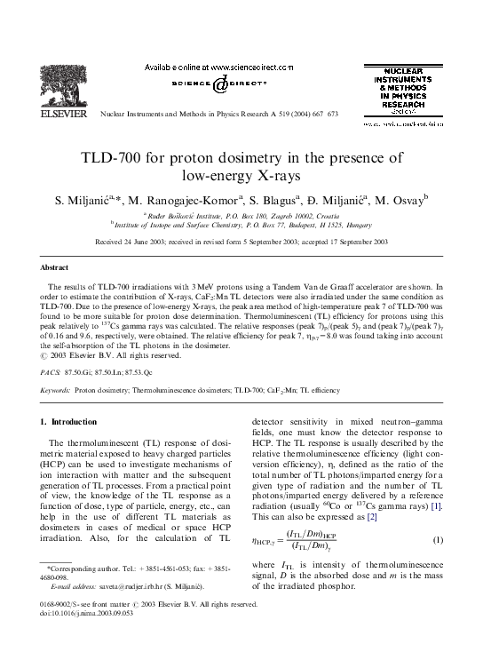 (PDF) TLD-700 for proton dosimetry in the presence of low-energy X-rays