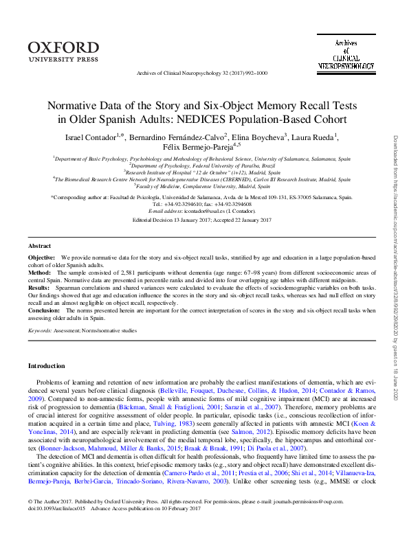 (PDF) Normative Data of the Story and Six-Object Memory Recall Tests in ...