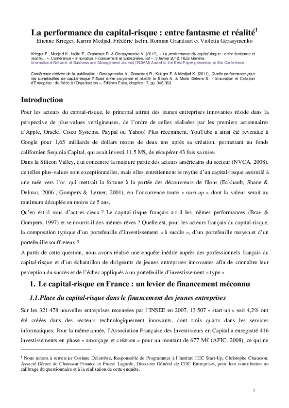 (PDF) La performance du capital-risque : entre fantasme et réalité…
