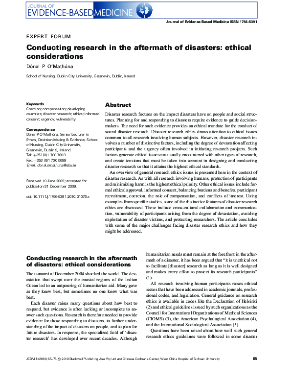 (PDF) Conducting research in the aftermath of disasters: ethical ...