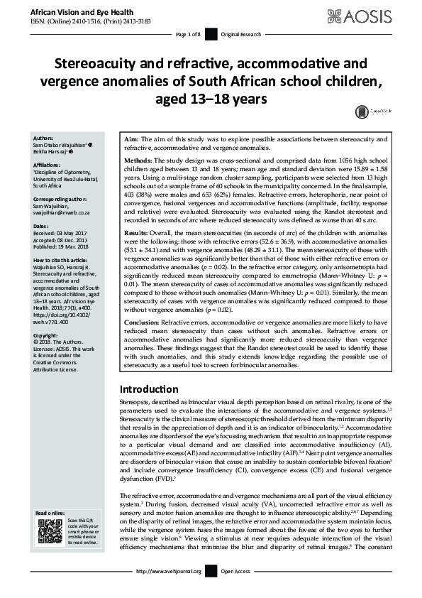 (PDF) Stereoacuity and refractive, accommodative and vergence anomalies ...