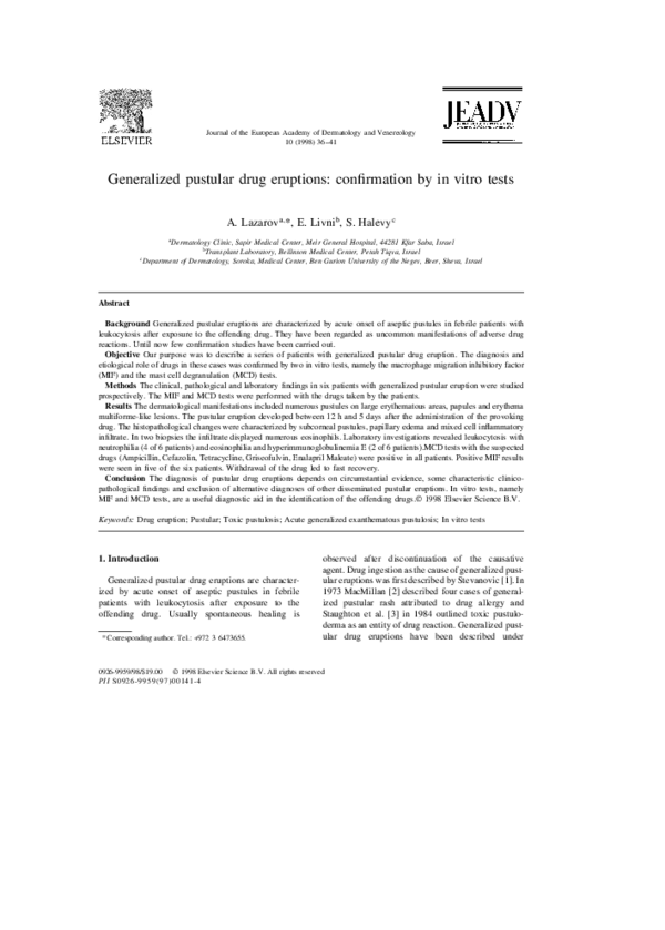 Pdf Generalized Pustular Drug Eruptions Confirmation By In Vitro Tests