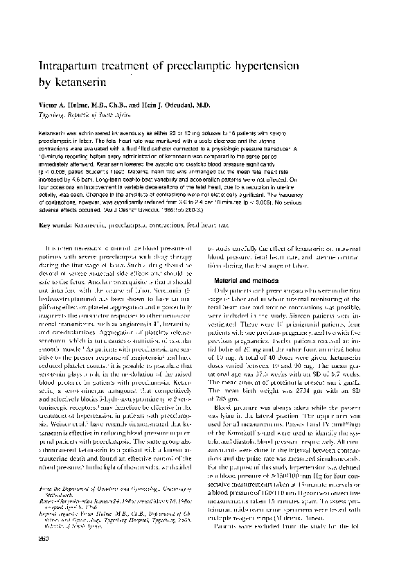(PDF) Intrapartum treatment of preeclamptic hypertension by ketanserin