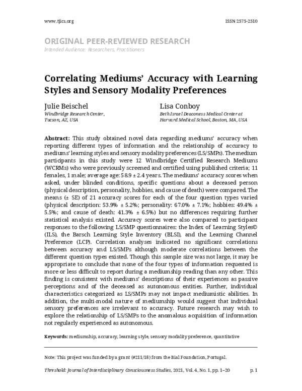 (PDF) Correlating Mediums' Accuracy with Learning Styles and Sensory ... (PDF) Correlating Mediums' Accuracy with Learning Styles and Sensory ...
