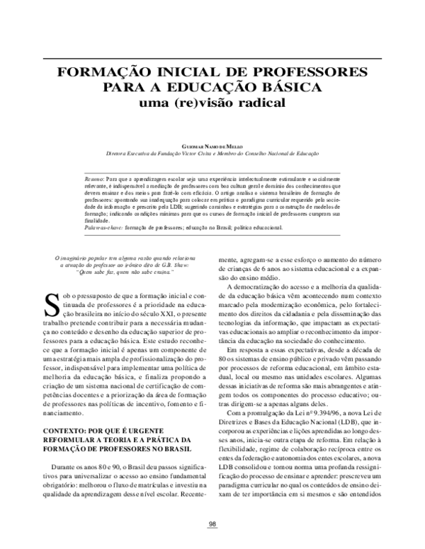 (PDF) A formAção iniciAl de professores pArA A educAção básicA: As ...