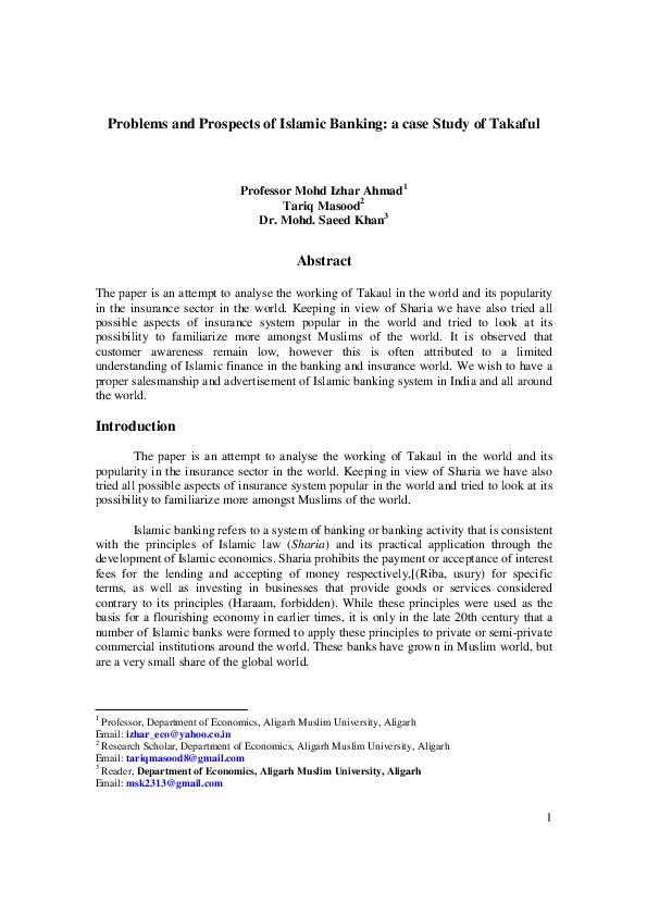 (PDF) Problems and Prospects of Islamic Banking: a Case Study of Takaful