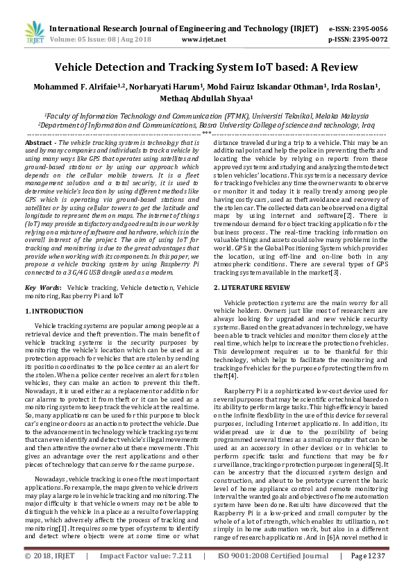 Pdf Vehicle Detection And Tracking System Iot Based A Review