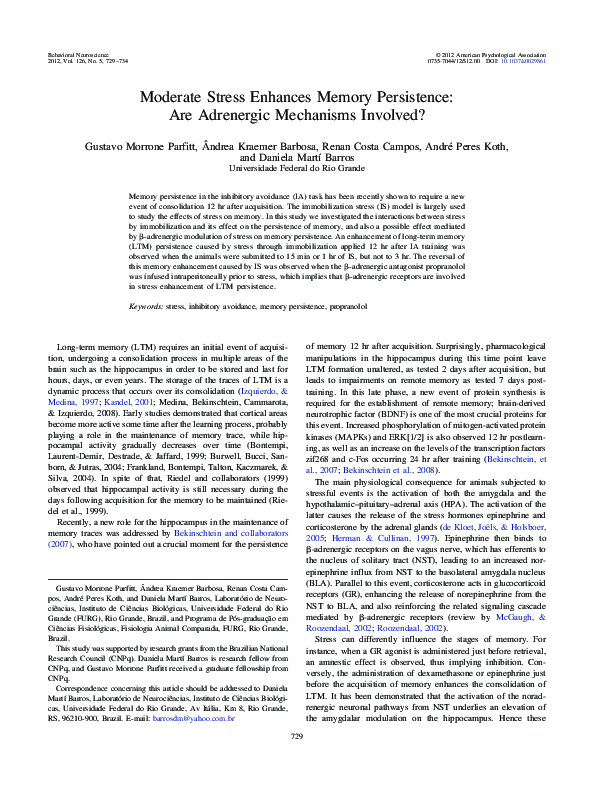 (PDF) Moderate stress enhances memory persistence: Are adrenergic mechanisms involved?