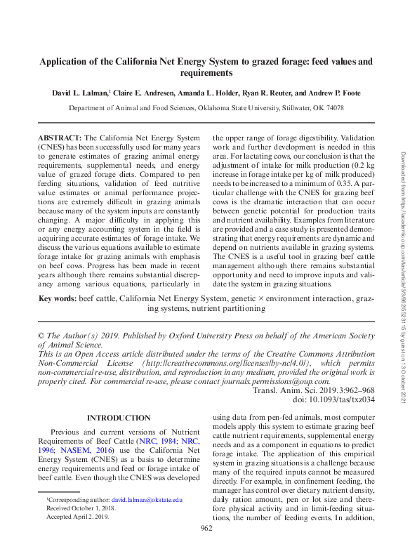 Application of the California Net Energy System to grazed forage: feed ...