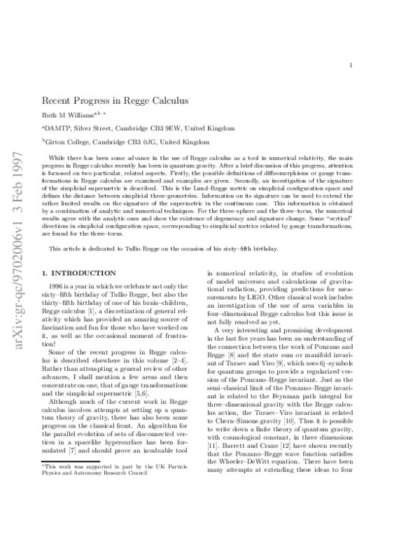 (PDF) Recent progress in Regge calculus | Ruth Williams - Academia.edu