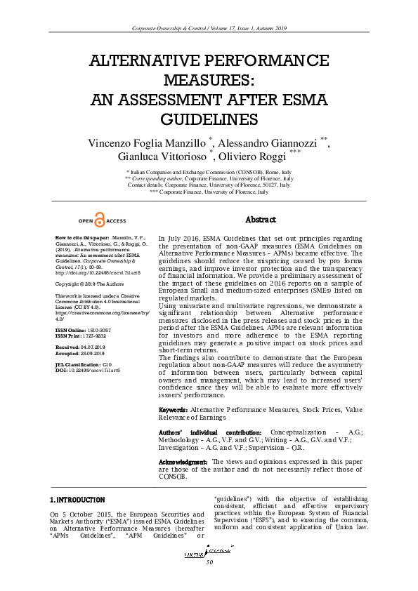 (PDF) Alternative performance measures: An assessment after ESMA Guidelines