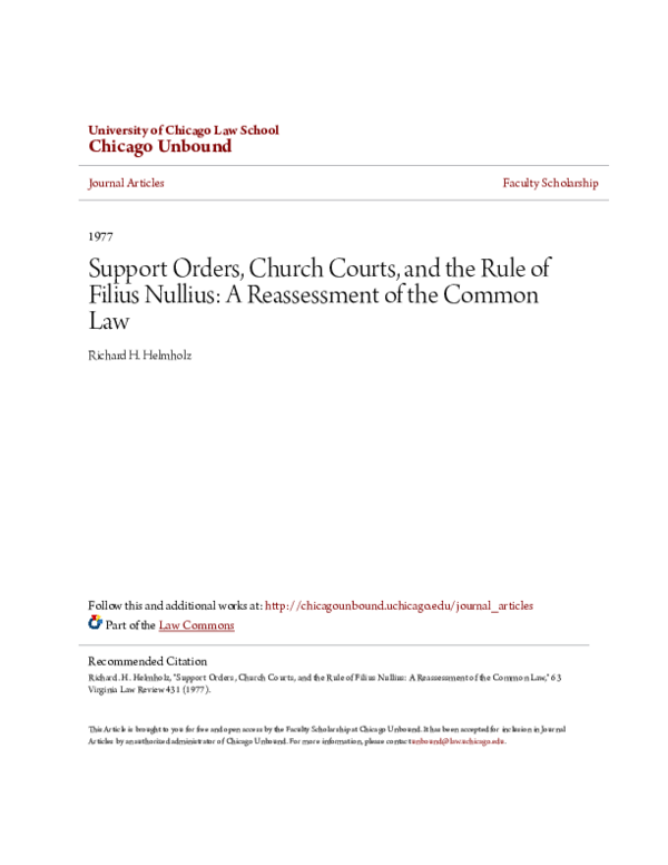 (PDF) Support Orders, Church Courts, and the Rule of Filius Nullius: A ...