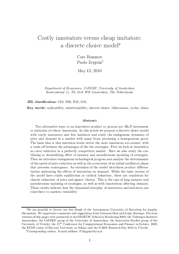 (PDF) Costly innovators versus cheap imitators: a discrete choice model