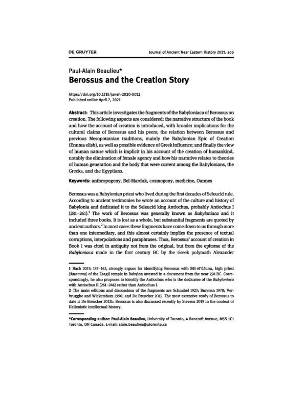 (PDF) “Berossus and the Creation Story,” Journal of Ancient Near ...