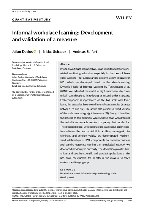 (PDF) Informal workplace learning: Development and validation of a measure