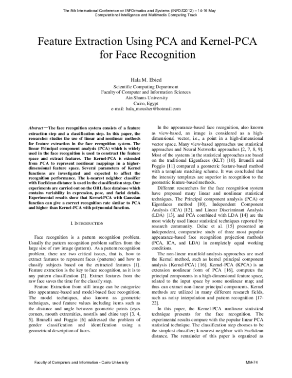 (PDF) Feature extraction using PCA and Kernel-PCA for face recognition