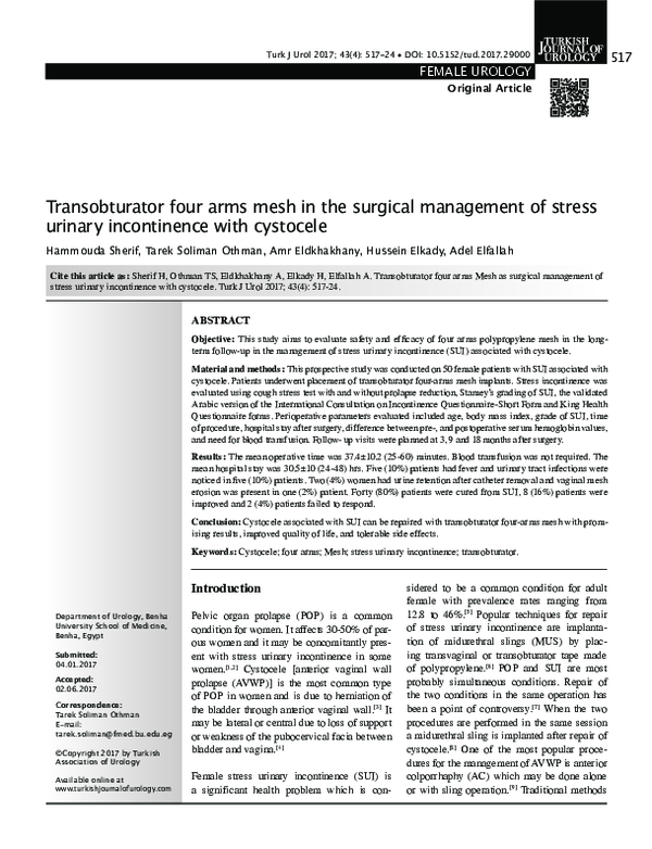 (PDF) Transobturator four arms mesh in the surgical management of ...