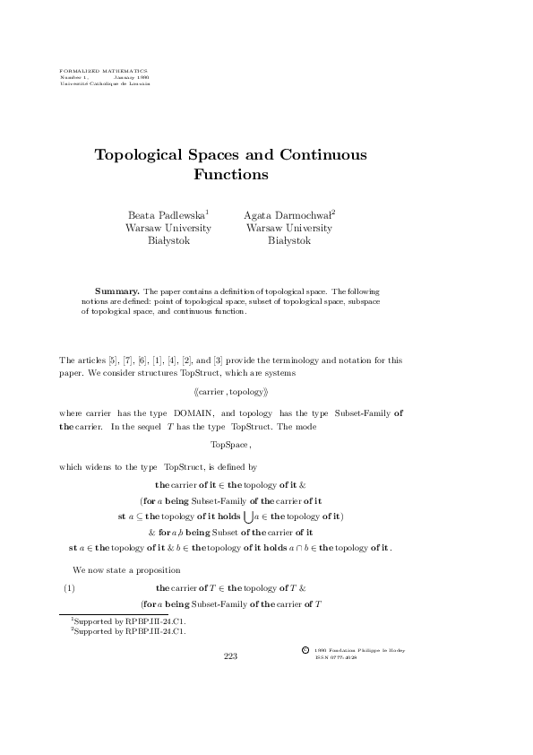 (PDF) Topological Spaces and Continuous Functions