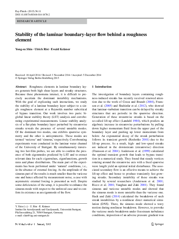 (PDF) Stability of the laminar boundary-layer flow behind a roughness element