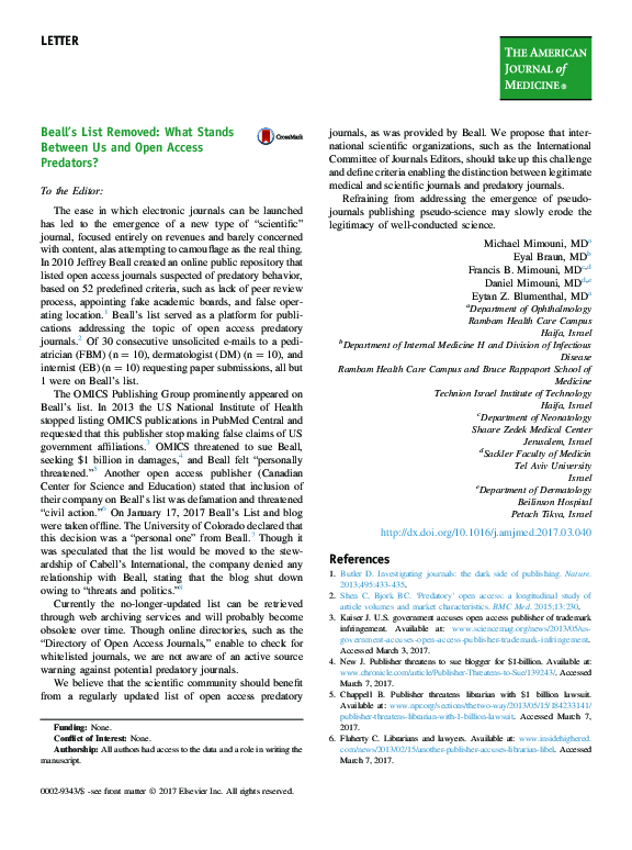 (PDF) Beall's List Removed: What Stands Between Us and Open Access ...
