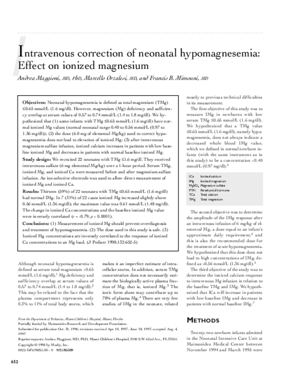 (PDF) Intravenous correction of neonatal hypomagnesemia: Effect on ...