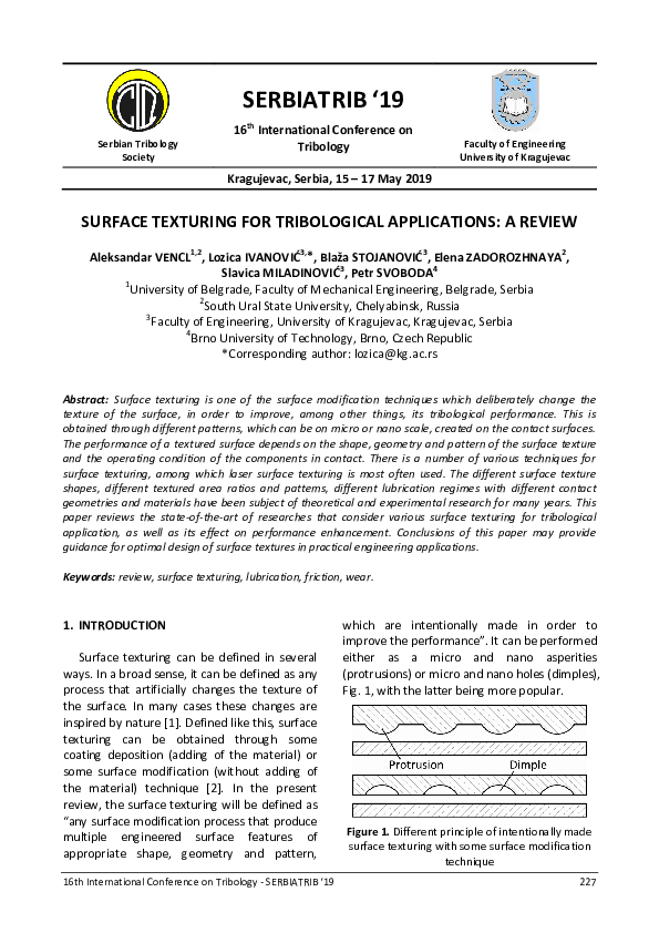 (PDF) Surface Texturing for Tribological Applications: A Review