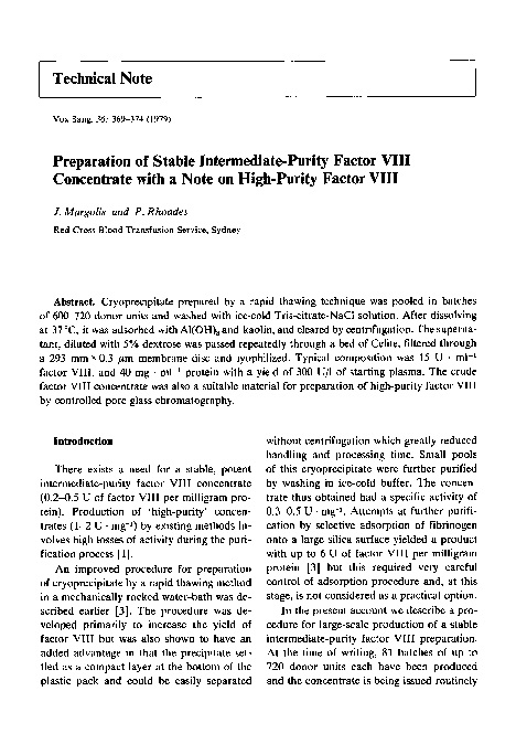 (PDF) Preparation of Stable Intermediate-Purity Factor VIII Concentrate ...