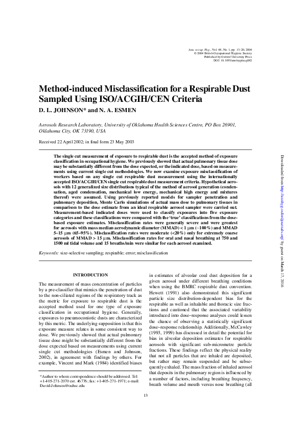(PDF) Method-induced Misclassification for a Respirable Dust Sampled Using ISO/ACGIH/CEN Criteria