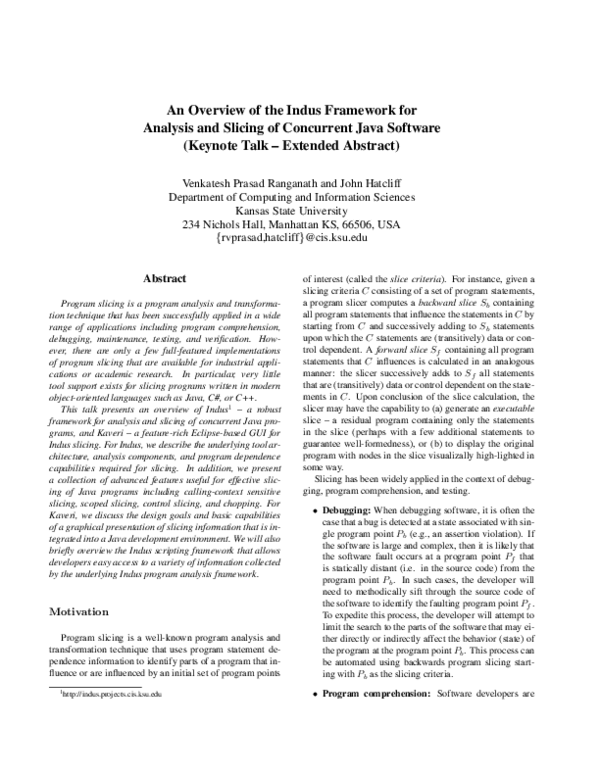 (PDF) An Overview of the Indus Framework for Analysis and Slicing of Concurrent Java Software ...